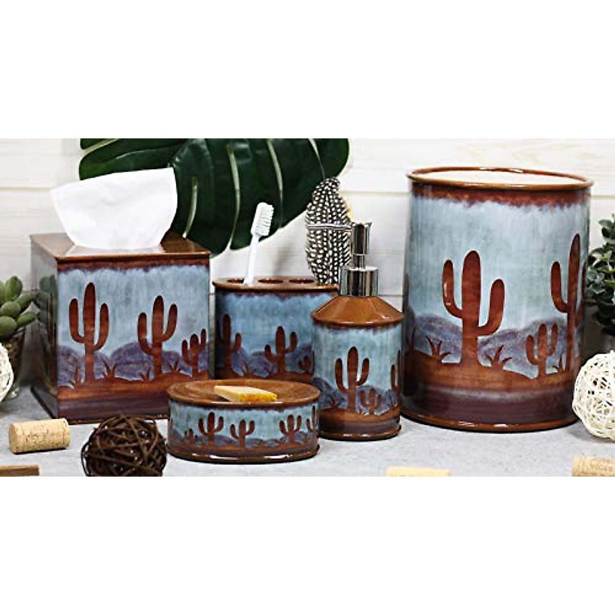 Ebros Rustic Southwestern Desert Cactus Arizona Wilderness Bathroom Accent Resin Figurine Accessories Western Country Cabin Lodge Decorative (5 Piece Bathroom Set)
