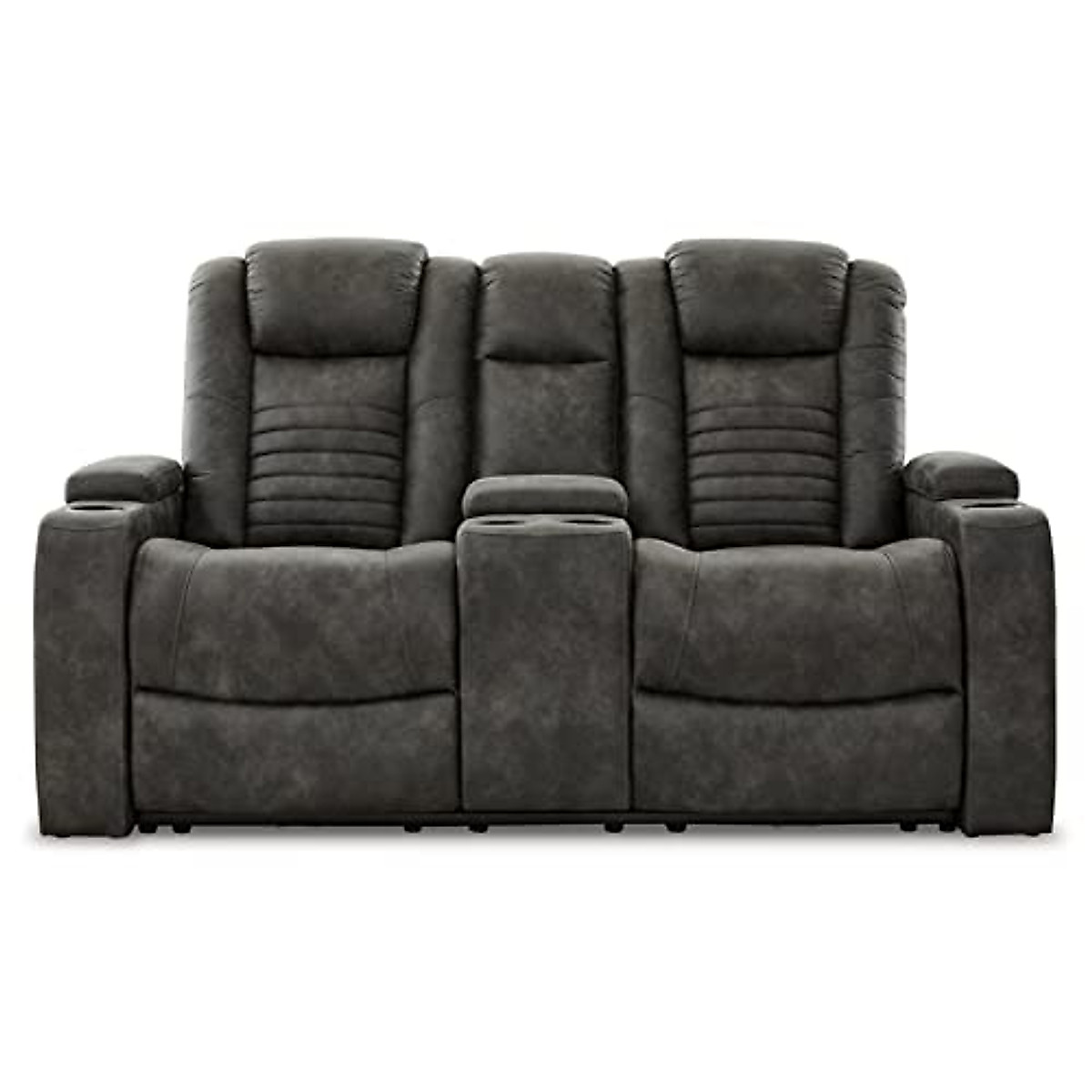 Signature Design by Ashley Soundcheck Contemporary Faux Leather Tufted Power Reclining Loveseat with Control and Adjustable Headrest, Gray