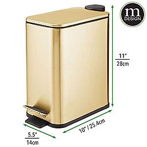 mDesign Slim Metal Rectangle 1.3 Gallon Trash Can with Step Pedal, Easy-Close Lid, Removable Liner - Narrow Wastebasket Garbage Container Bin for Bathroom, Bedroom, Kitchen, Office - Soft Brass