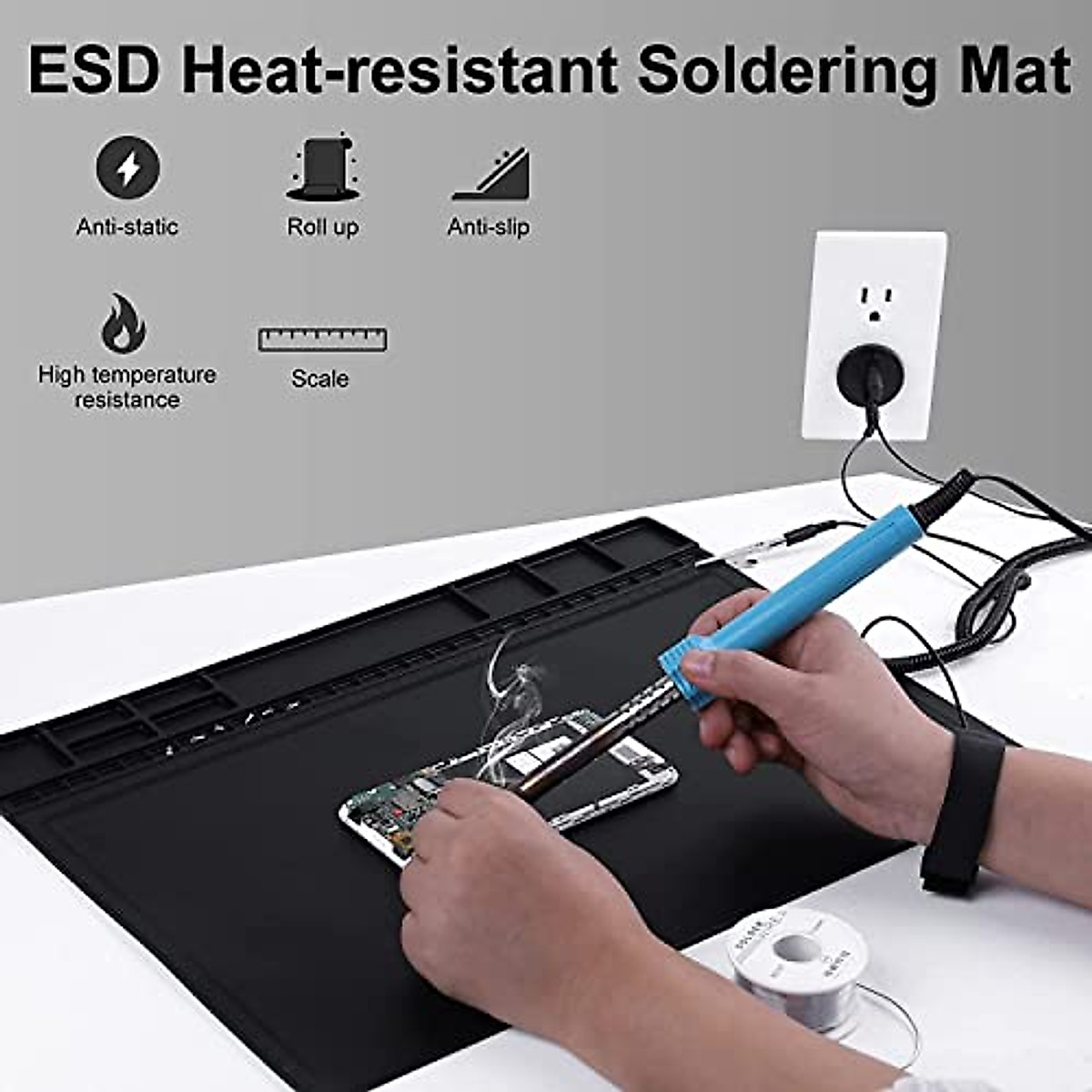 Premium Heat Resistant 932°F Anti Static Mat, HPFIX ESD Mat with Grounding Wire, Grounding Plug, and ESD Wristband, Silicone Soldering Repair Mat for Computer, PC Building, Eelectronics