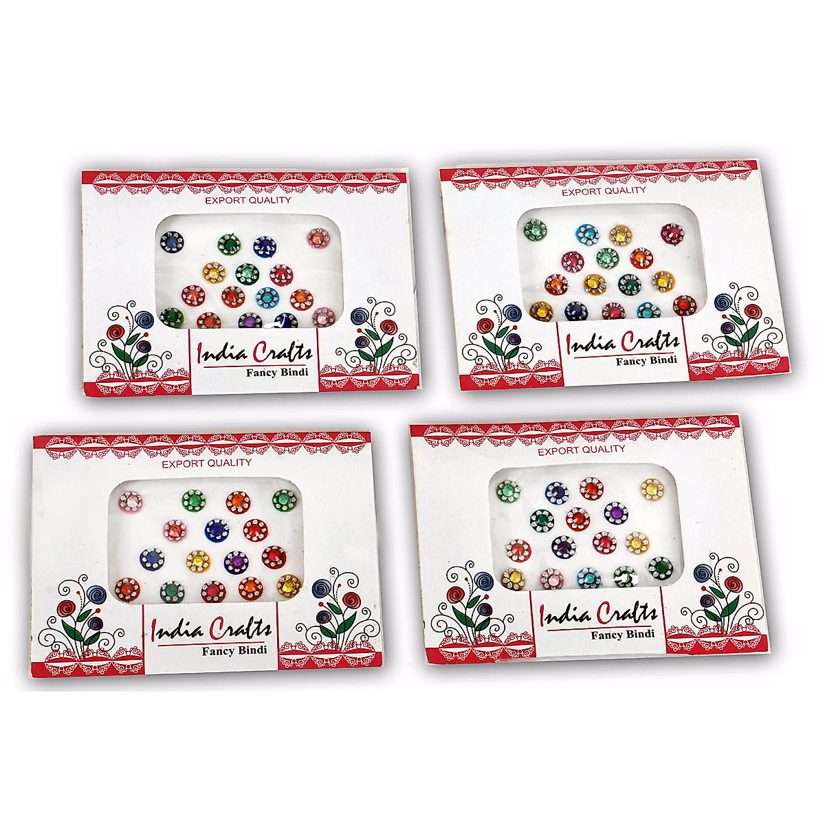 India Crafts ™ 4 Packs - 64 Colorful Crystal Bindi Velvette round face jewels Tika (Round Crystal)