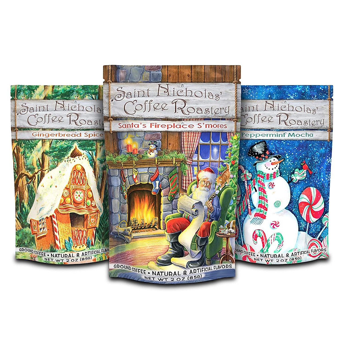 Ground Coffee Christmas Gift Set - 9oz Total of Three Holiday Flavors in Decorative 3oz Bags - Gingerbread Spice, Peppermint Mocha, Santa's Fireplace S'mores Medium Roast - Gift or Stocking Stuffer for Mom, Coworkers, Teachers, Adults