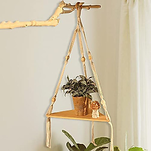 loensy Macrame Hanging Shelf Corner Rope Shelf Floating Shelf for Bookshelf Indoor
