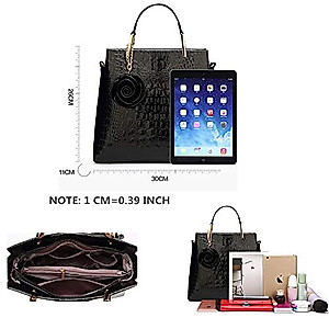 Women Tote Bag Shoulder Purse Patent Leather HandBag Designer Crocodile Rose Top Handle Bag Office Satchel Totes, Black