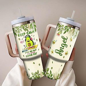 WAZONE Personalized Avocado Tumbler Cup With Lid Custom Name Tumbler 40oz with Handle and Straw Travel Mug Cute Exercise Yoga Cups With Funny Sayings Gift For Fitness Enthusiast Women Girls