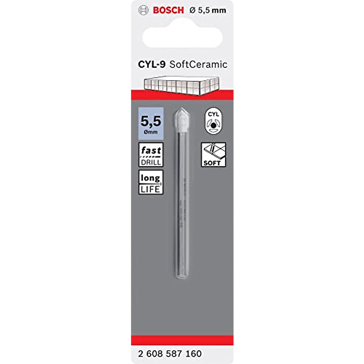 Bosch Professional 1x CYL-9 SoftCeramic Tile Drill Bit (for soft ceramic tiles, Ø 5,5 x 70 mm, Accessories drill driver)