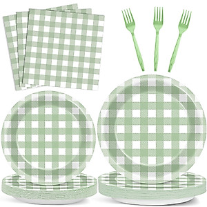 96 Pcs Sage Green Party Decorations Green Gingham Checkered Theme Tableware Set Green Plaid Plates Napkins Forks for Baby Shower Table Dinnerware Kids Boys Birthday Party Supplies 24 Guests
