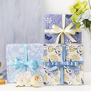 Ribbli Floral Wrapping Paper Mini Roll, 3 Rolls Dusty Blue Vintage Flower Gift Wrap for Women Girl Friend Wedding - 17 inch x 120 inch(10feet) Per Roll