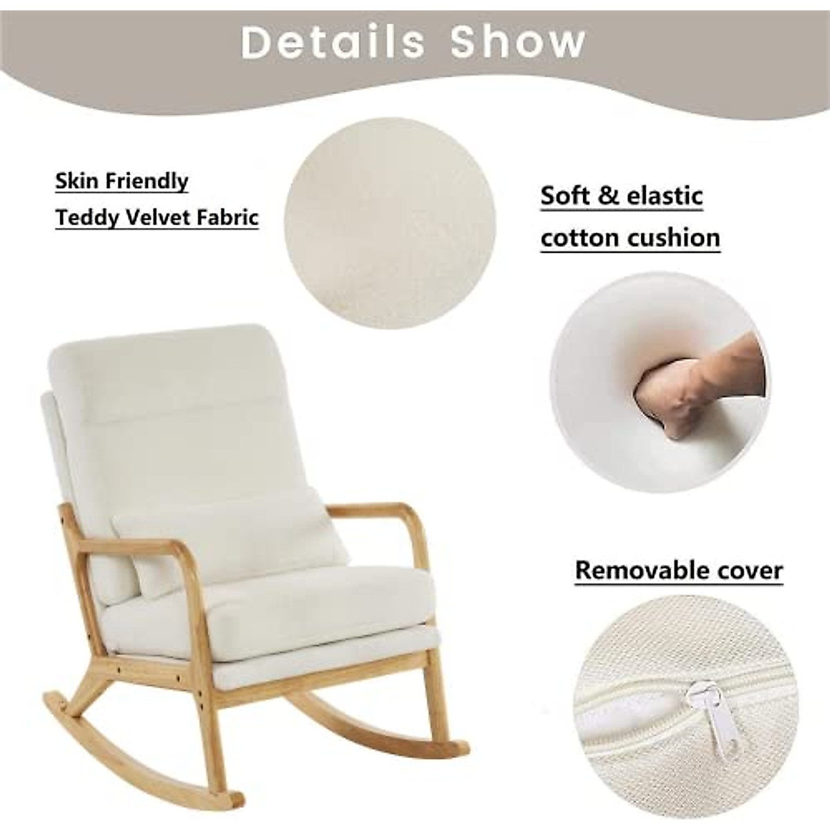 pazezog Rocking Chair,High Back Mid-Century Modern Accent Chair,Nursery Rocking Chair with Wooden Armrest,Upholstered Glider Rocker with Lumbar Pillow for Living Room