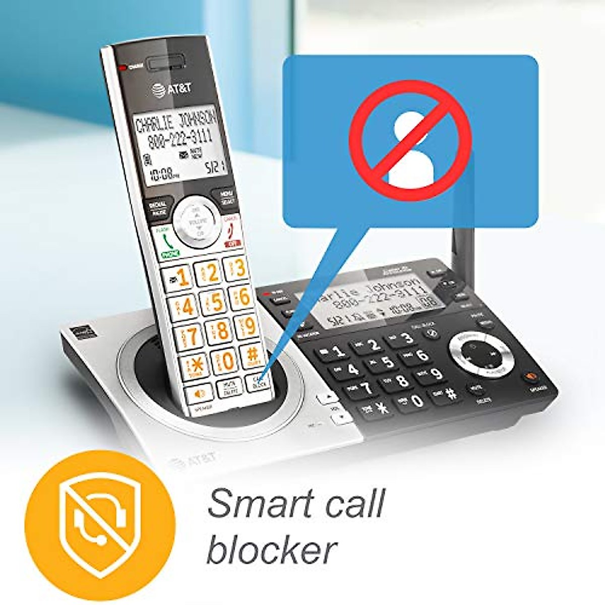 AT&T CL83507 DECT 6.0 5-Handset Cordless Phone for Home with Dual Keypad Base, Answering Machine, Call Blocking, Caller ID Announcer, Intercom and Long Range, Silver/Black