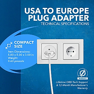 OREI American USA To European plug adapter – Type E/F schuko plug adapter - Use in Germany, France, & more - CE Certified – For Mobile, Laptop & Camera Chargers - 2 Pack