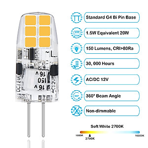 Hanbaak G4 LED Bulb, G4 12V Bi Pin Base 20W Halogen Bulb Replacement, Soft White 2700K Non-Dimmable, 10-Pack