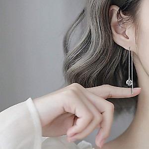 Women 925 Sterling Silver Brilliant Round Cut CZ Needle Threader Pull Through Dangle Earrings