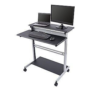 Stand Up Desk Store Rolling Adjustable Height Two Tier Standing Desk Computer Workstation (Silver Frame/Black Top, 40" Wide)