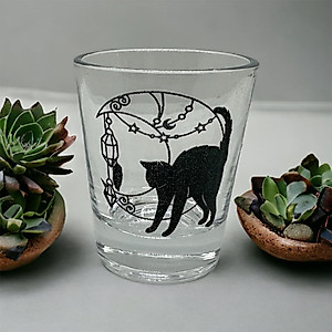 Brindle Southern Farms Cats, Crystals, & Moon Shot Glass Set of 4: Engraved Cat Shot Glasses Cat Decor, Cat Mom Barware (Diamond Black Engraved)