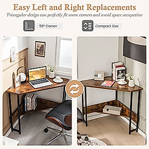 GOFLAME Corner Desk with Power Outlet, Triangle Computer Desk for Small Space, Space-Saving Writing Desk with Storage Shelf and Charging Station, Modern Laptop PC Desk for Home Office (Rustic Brown)
