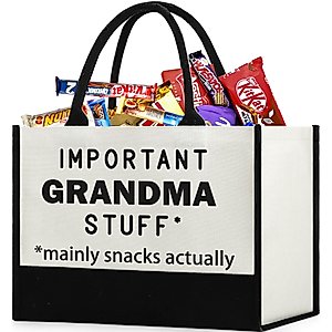 BackURyear Grandma Xmas Tote Bag Gifts, Important Stuff Tote Gifts for Grandma Christmas Stocking Stuffer Holidays Birthday from Grandkids Granddaughter, Cute Gifts Shopping Bag Grocery Bag