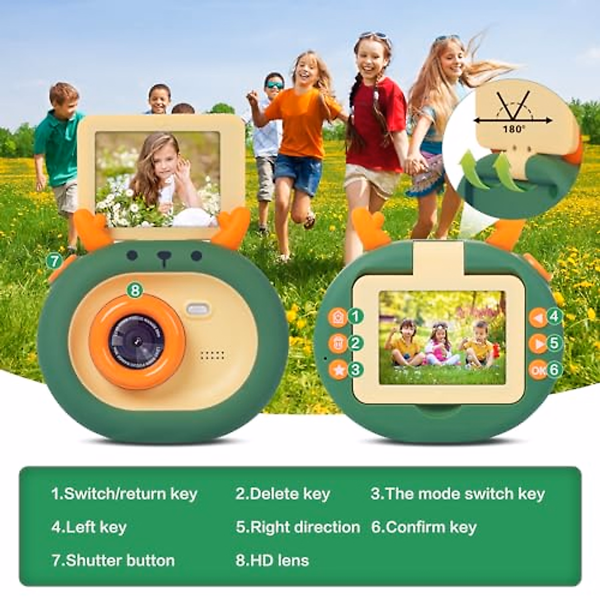 Kids Digital Camera Toddler Camera HD 1080P Video Camera for Kids Age 3-12 Kids Selfie Camera with Flip-Up Monitor Mini Kids Camera with 32GB SD Card Christmas Birthday Gift for Kids Green