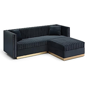 FANYE 3 Pieces Contemporary Sofa&Couch Vertical Channel Velvet Tufted Include 3 Seaters Couch*2 and Ottoman, Two 3seaters Sofas+Ottoman with Gold Metal Strip Decor for Living Room Sets