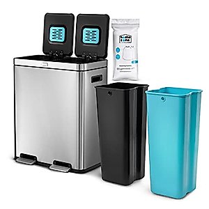 Home Zone Living 16 Gallon Dual Trash Can for Recycling and Trash with CleanAura Odor Control, 60 Liter Total Capacity, Silver