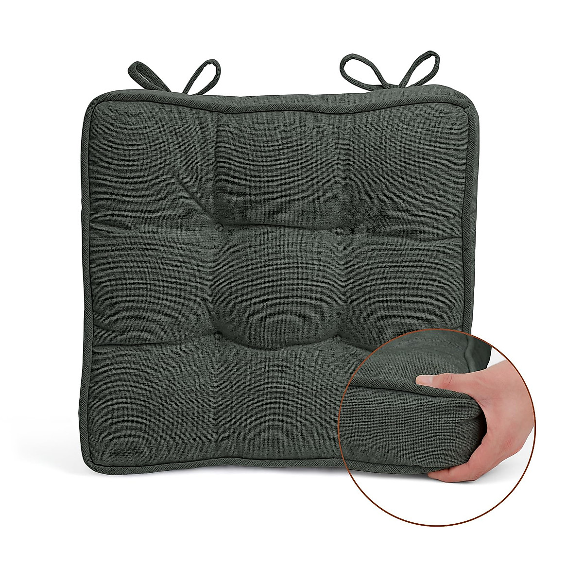 Focuprodu Chair Cushions. 18x18 Inch Thick Soft Chenille Fabric for Patio Chair Cushion. Double-sided Use with Ties for Office/Dining Room/Window (Dark Gray)