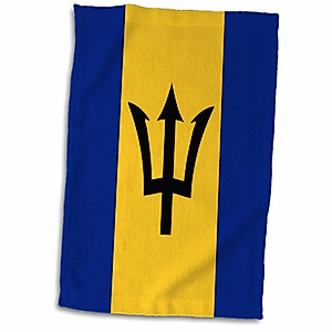 3D Rose Barbados-Caribbean Blue Golden Yellow and Trident-Barbadian Island Country World Flag Towel, 15" x 22", Multicolor