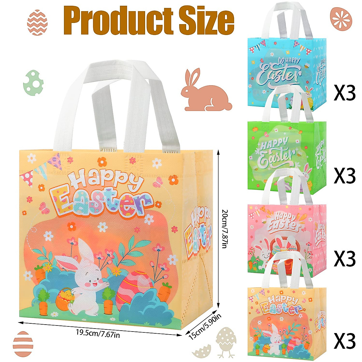 CCINEE 12Pcs Easter Gift Bags with Handle，Reusable Easter Tote Bags Non-Woven Bunny Treat Goodie Bag Easter Egg Hunt Bags for Easter Party Supply，7.9"×7.9"×5.9"