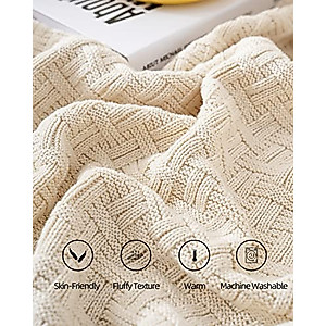MsteaBenago Crochet Beige White Thick Knitted Blanket,100% Cotton Cable Knit Throw Blanket for Chair,Bed, Sofa & Living Room,Extra Cozy, Machine Washable, Home Decor,Weight:4.87lb.