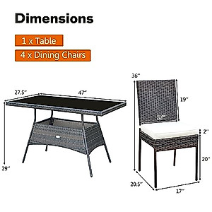 KFJBX 5 PCS Patio Rattan Dining Set Glass Table High Back Chair Garden Deck Mix Brown