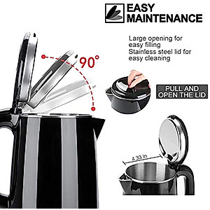 Secura Stainless Steel Double Wall Electric Kettle Water Heater for Tea Coffee w/Auto Shut-Off and Boil-Dry Protection, 1.0L (Black)