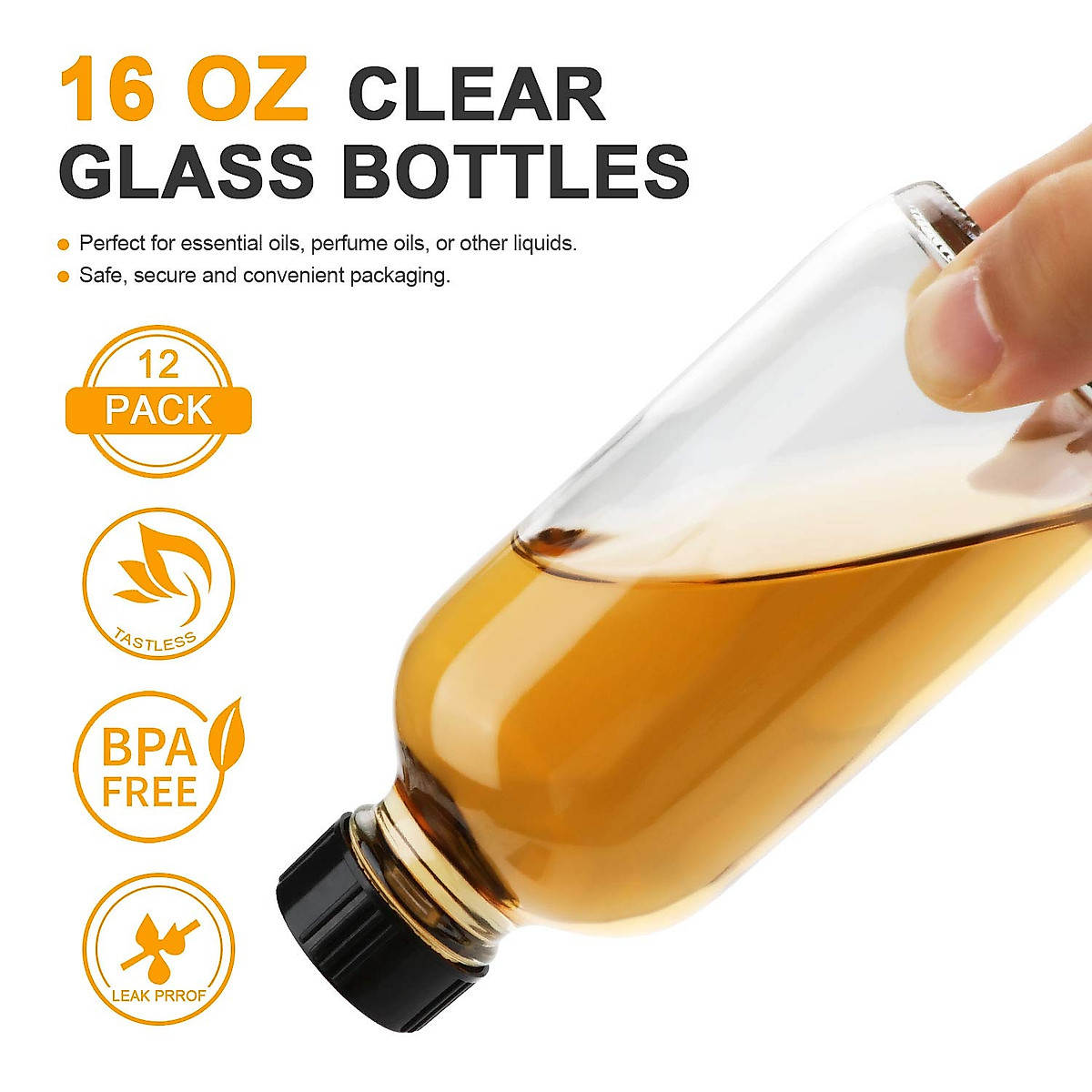 16oz Glass Bottles, Maredash 12 Pack Clear Glass Storage Bottles Sets with Lids