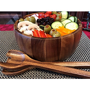 Kalmar Home 10-Inch Acacia Wood Large Dragor Salad Bowl with Servers