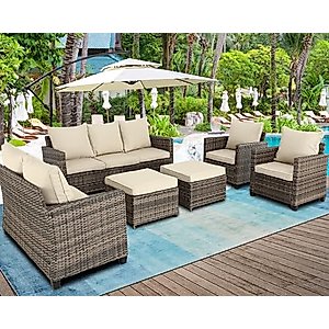 Furnimy Patio Furniture Set Rattan Outdoor Sectional Conversation Sets 3-Seat Outdoor Couch,2 Single Chair 1 Loveseat and 2 Ottoman for Lawn Balcony Garden Backyard (Gray-Tan, Set of 6)