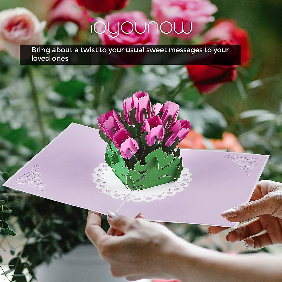 ioyounow Paper Flowers Popup Card - 5x6.75 Inch Pop Up 3D Purple Tulips Greetings Card - Happy Birthday Cards for Sisters – Best Paper Greetings, Thinking of You Gift for Women