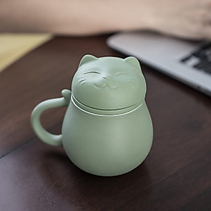 Ceramic Tea Mug with Infuser and Lid Cute Lucky Cat Design Coffee Mug with Lid Ceramic Tea Cup with Filter for Steeping Loose Leaf (Green)