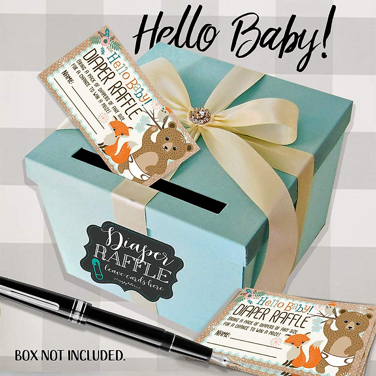 Diaper Raffle Tickets - Woodland Animals Card, Cute Fun Animals and Colorful Baby Shower Games Raffle Sign and Ticket, Gender Neutral, Baby Party Decorations, Set of 50 Double Sided Raffle Cards