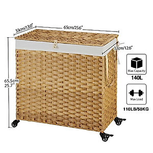 Greenstell Laundry Hamper with Wheels&Lid, 140L Large 3 Sections Clothes Hamper with 2 Types Removable Liner Bags, 5 Mesh Laundry Bags, Handwoven Divided Laundry Basket for Clothes, Natural