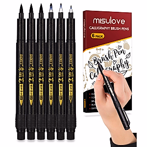 MISULOVE Hand Lettering Pens, Calligraphy Pens, Brush Markers Set, Soft and Hard Tip, Black Ink Refillable - 4 Size(6 Pack) for Beginners Writing, Art Drawings, Water Color Illustrations, Journaling