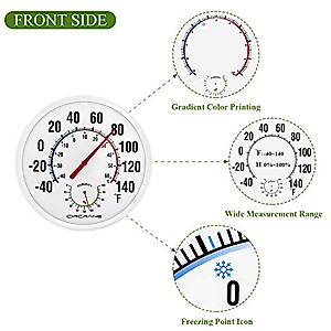 Circrane 13.25 Inch Round Thermometer with Hygrometer, Large Indoor Wall Thermometer Patio Bimetal Weather Thermometer, No Battery Required, White