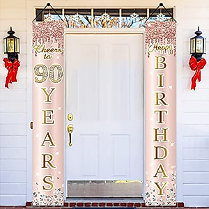 2Pcs 90th Birthday Banner Decorations for Women, Pink Rose Gold Happy 90 Birthday Sign Party Supplies, Cheers to 90 Years Birthday Backdrop Decor