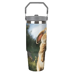 30oz Stainless Steel Insulated Tumbler with Flip Lid & Straw, Leakproof Travel Mug for Car, Cute Funny Rabbit Double Wall Vacuum Thermal Coffee Cup with Handle, Spill-Proof Design for Hot/Cold Drinks