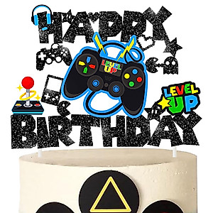 Video Game Happy Birthday Cake Topper Glitter Game Controller Cake Pick Decoration Gamer Birthday Cake Decorations for Video Game Controller Themed Kids Birthday Party Baby Shower Supplies (Black)