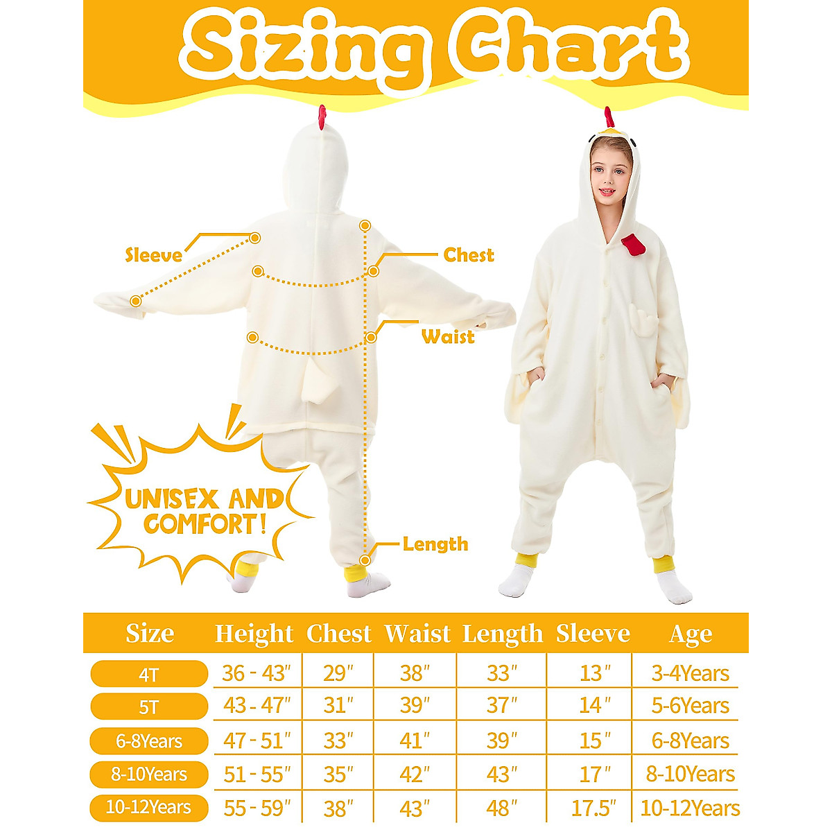 CANASOUR Chicken Onesie Kids Halloween Cosplay Costume Girls One Piece Rooster Pjs Anime Unisex Hoodie Pajamas For 8-10 Years Boys Party Pyjamas (Height 51-55”, 8 Years,Chicken)
