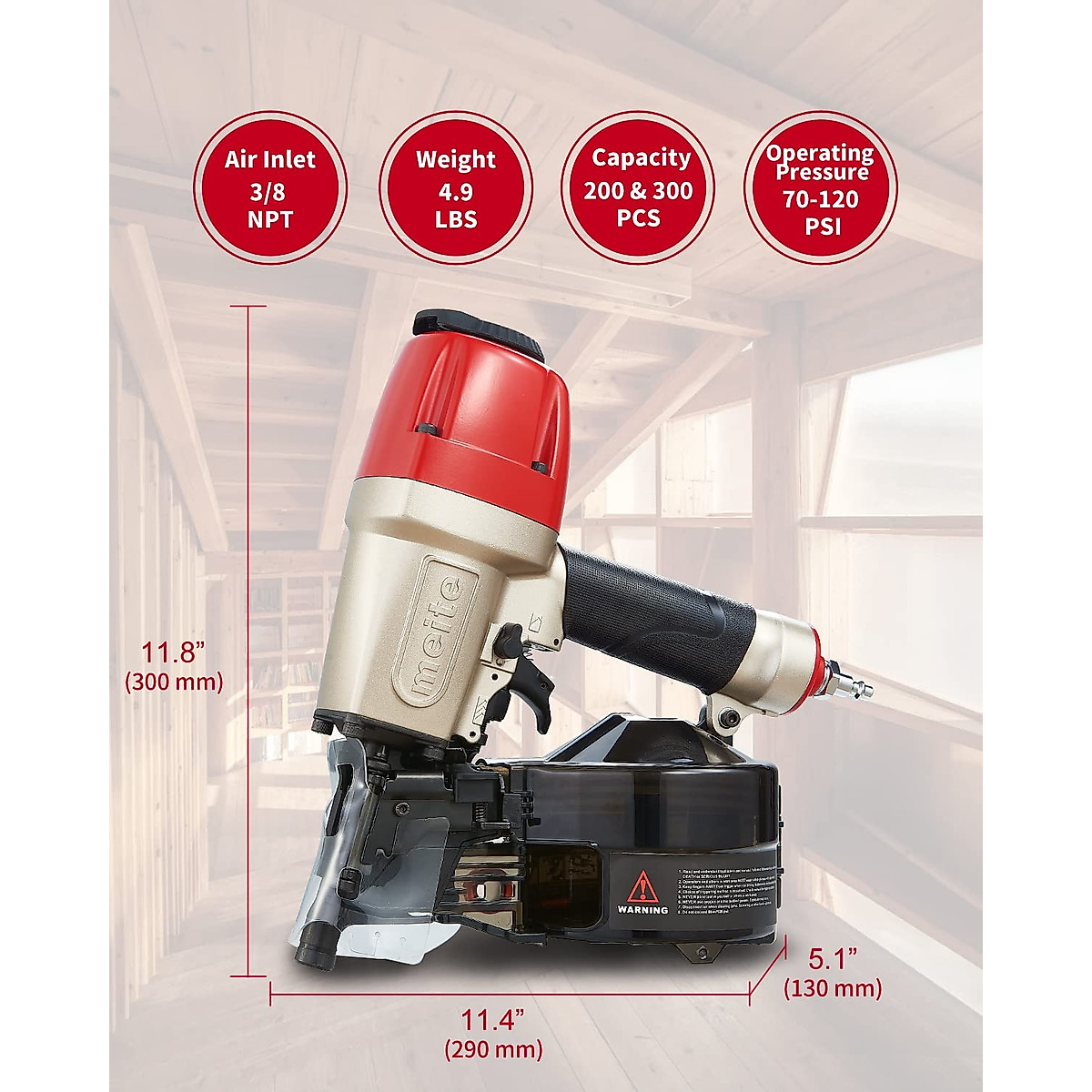 meite Siding Nail Gun, Pneumatic Coil Siding Nailer Professional Lightweight Air Coil Nail Gun with Safety Nose, Compatible with 1-1/2 Inch to 2-1/2 Inch Coil Siding Nails (CN65S)