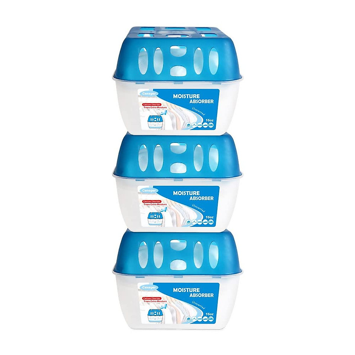 CANAGER Fragrance Free Moisture Absorber Box - 3 Packs, 16 oz Reusable Dehumidifier for Closets, Bedrooms, Bathrooms with Large Capacity.
