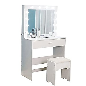 TEEGUI Vanity Set with Lighted Mirror, Makeup Vanity Dressing Table Dresser Desk Chair with Large Drawer for Bedroom, White Bedroom Furniture(12 Cool LED Bulbs) [US Shipping]
