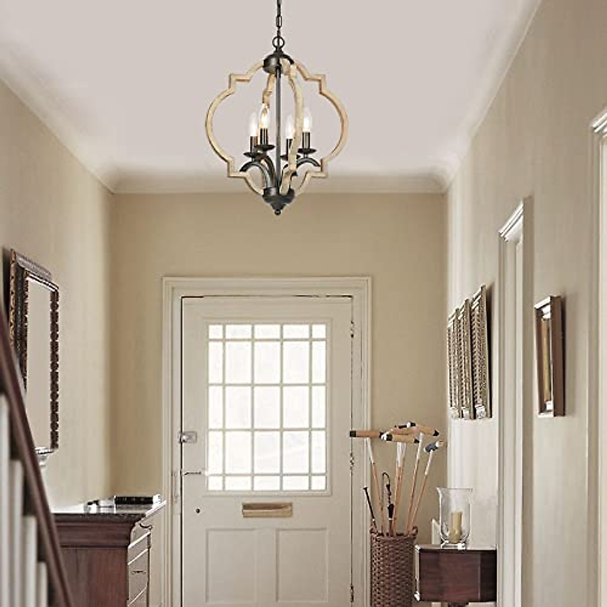 Lampundit Farmhouse Geometric Chandelier Light Fixture, 4 Light Wood Chandelier for Dining Room Kitchen Foyer Hallway Entrywa, Wood & Black Finish