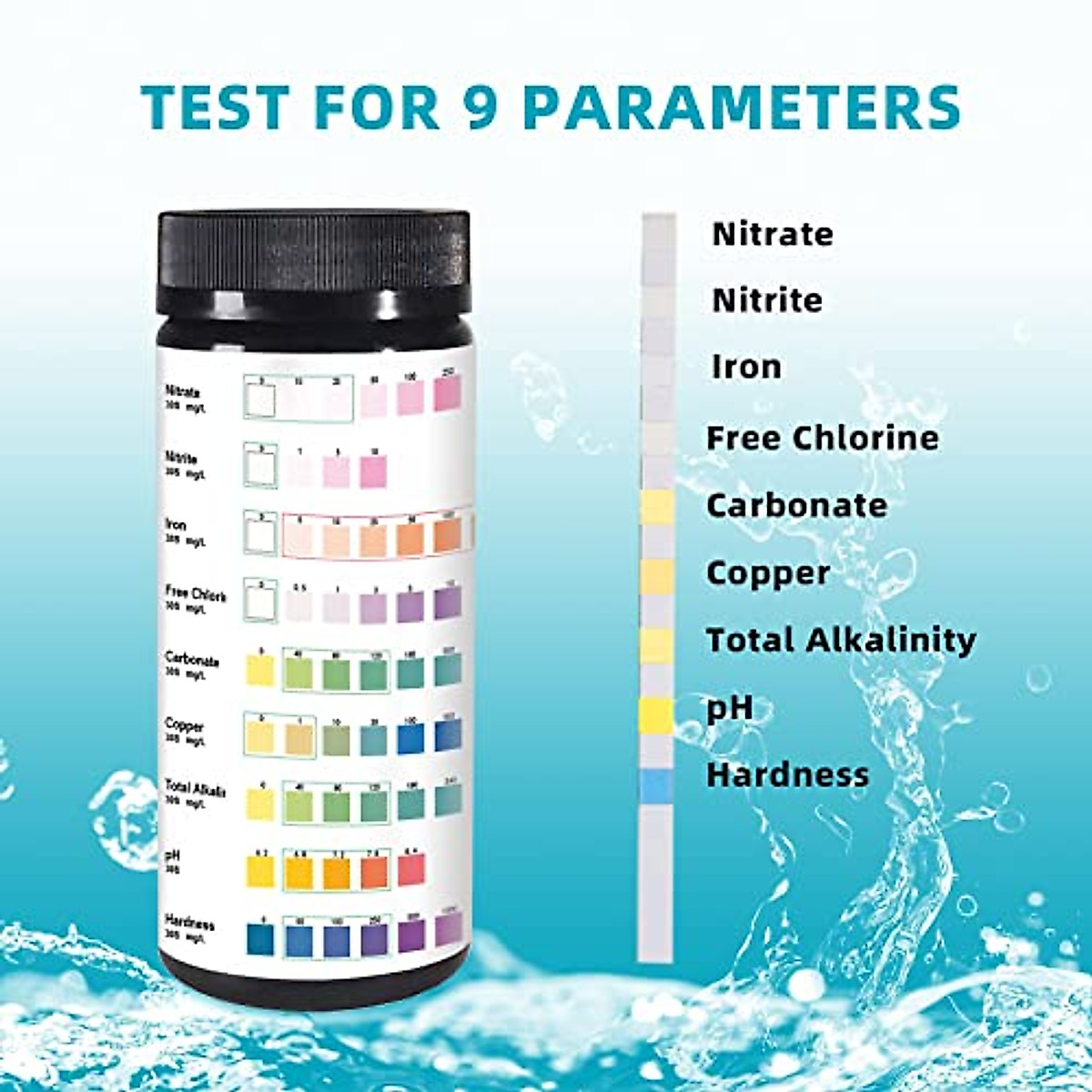 Aquarium Test Strips, 9 in 1 Aquarium Test Kit for Freshwater Saltwater, 100 Strips Aquarium Water Test Kit with Quick and Accurate, Pond Fish Tank Test Strips Testing Nitrite,Nitrate,Iron,pH and More