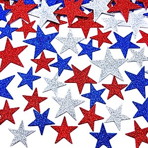 TKEJZu 200 Pcs Patriotic Foam Stickers Glitter Star Stickers Self-Adhesive Star Shaped Wall Stickers for 4th of July Decor Kid's Arts Craft Supplies Greeting Cards Homemade Crafts Red Blue Silver