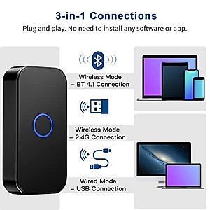 2D Bluetooth Barcode Scanner Wireless Bar Code Scanner QR 3-in-1 Bluetooth/USB Wired/2.4G Wireless Barcode Reader 1D QR Code Scanner for Inventory Code Image Reader for Tablet iPhone iPad Android PC
